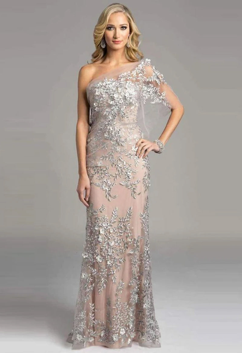 One Shoulder Tulle Appliqué Short Sleeve Flower Sheath Floor Length Se ...